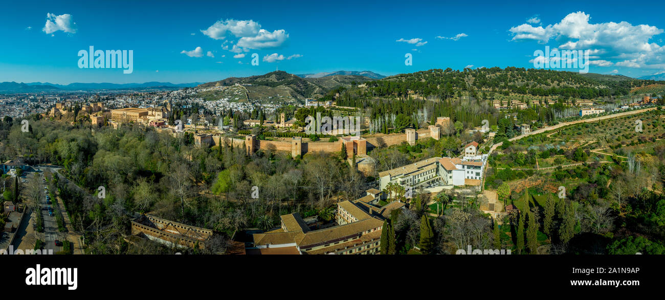 Aerial panoramic view of the Alhambra complex in Granada Spain with ...