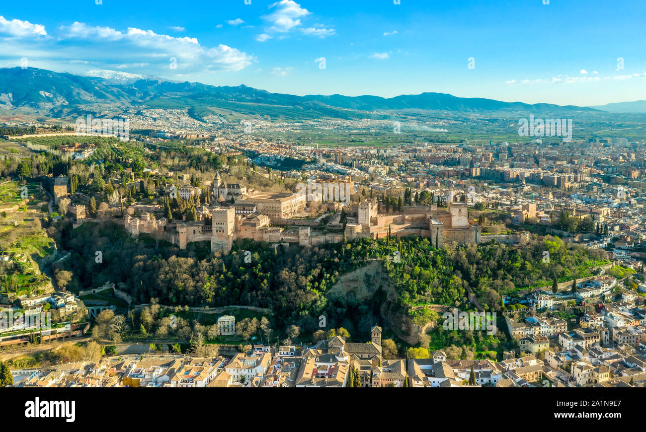 Aerial panoramic view of the Alhambra complex in Granada Spain with ...