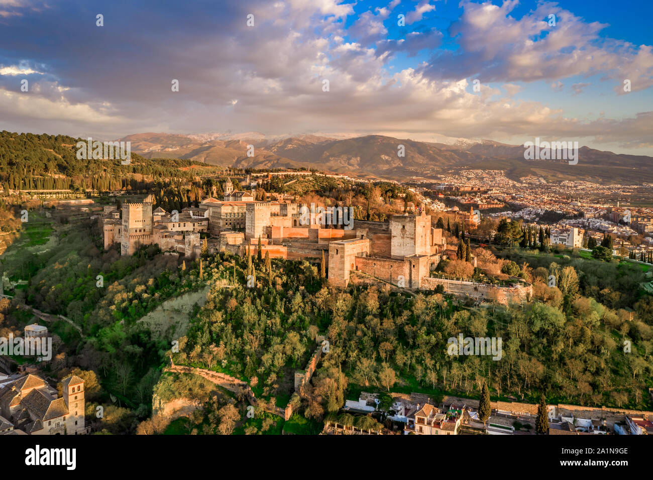 Aerial panoramic view of the Alhambra complex in Granada Spain with ...