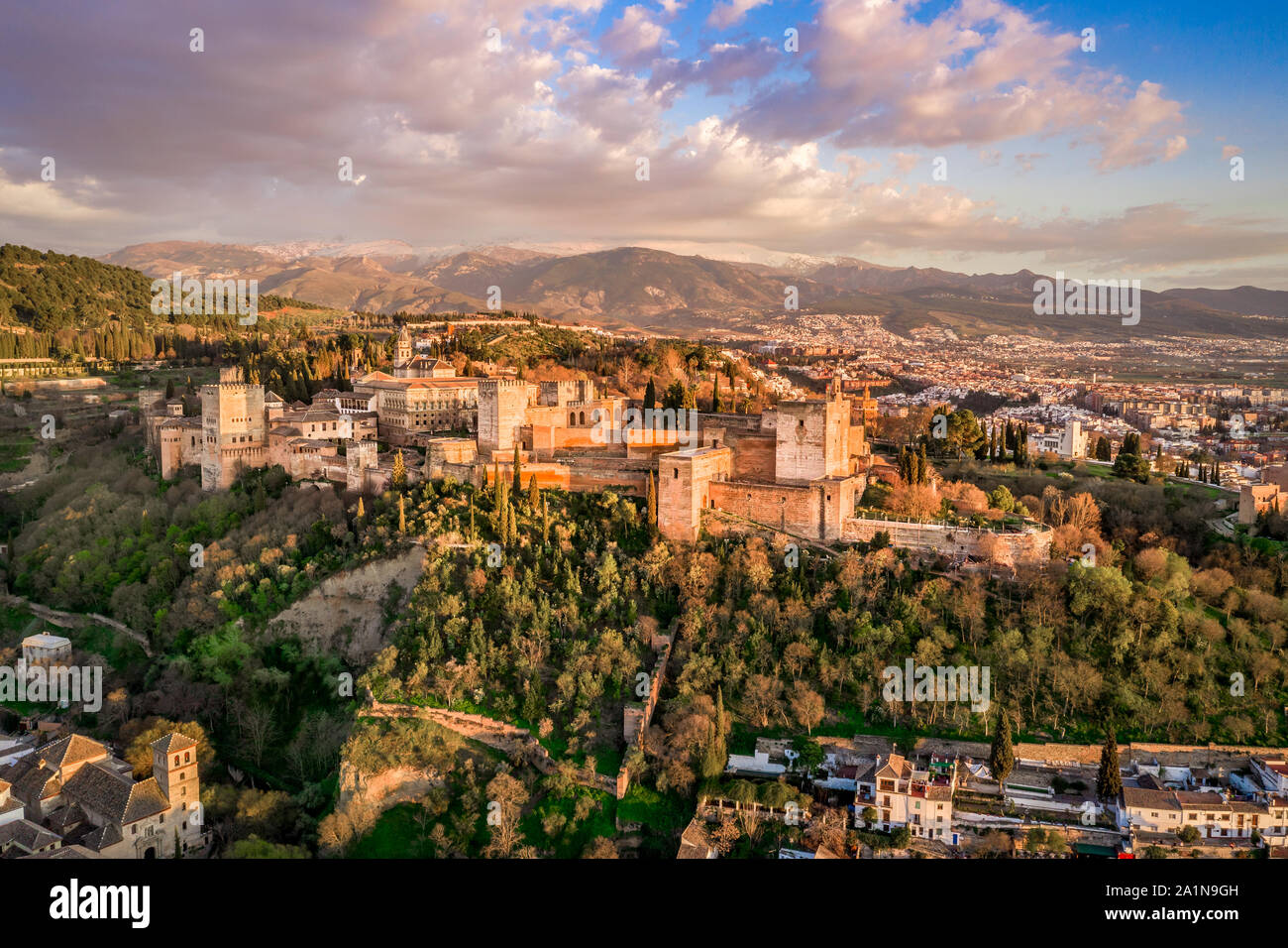 Aerial panoramic view of the Alhambra complex in Granada Spain with ...