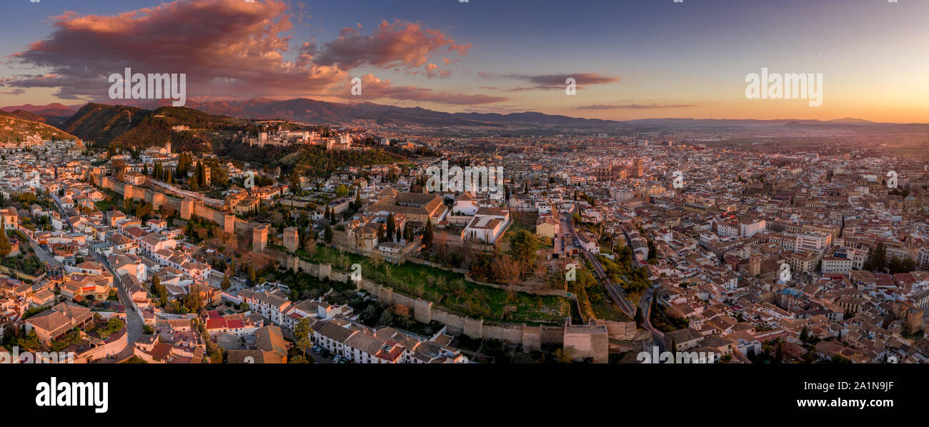 Aerial sunset panorama view of the Alhambra fortress and palace complex ...