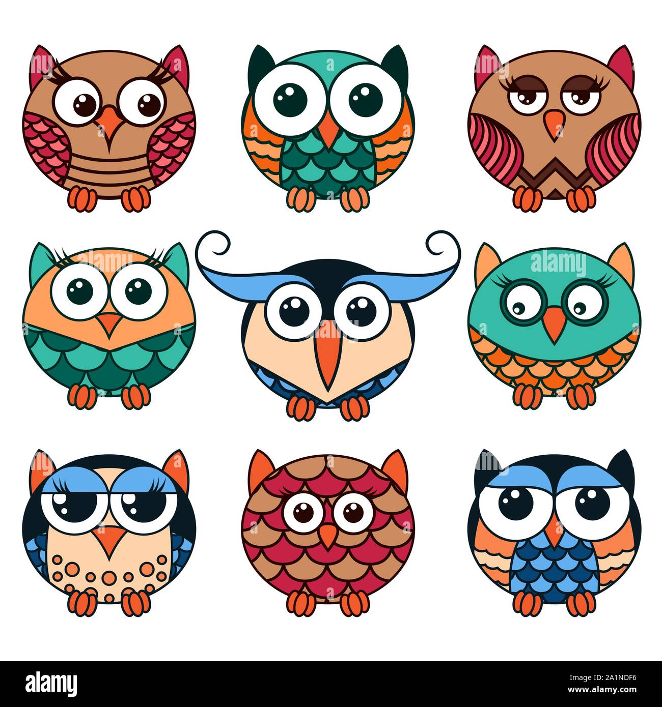 Set of nine funny owls placed in oval forms with various pattern ...