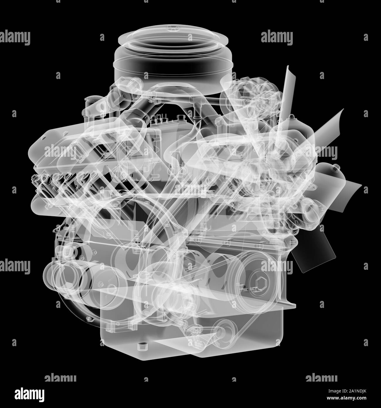 Internal combustion engine X-Ray style. Isolated on black background ...
