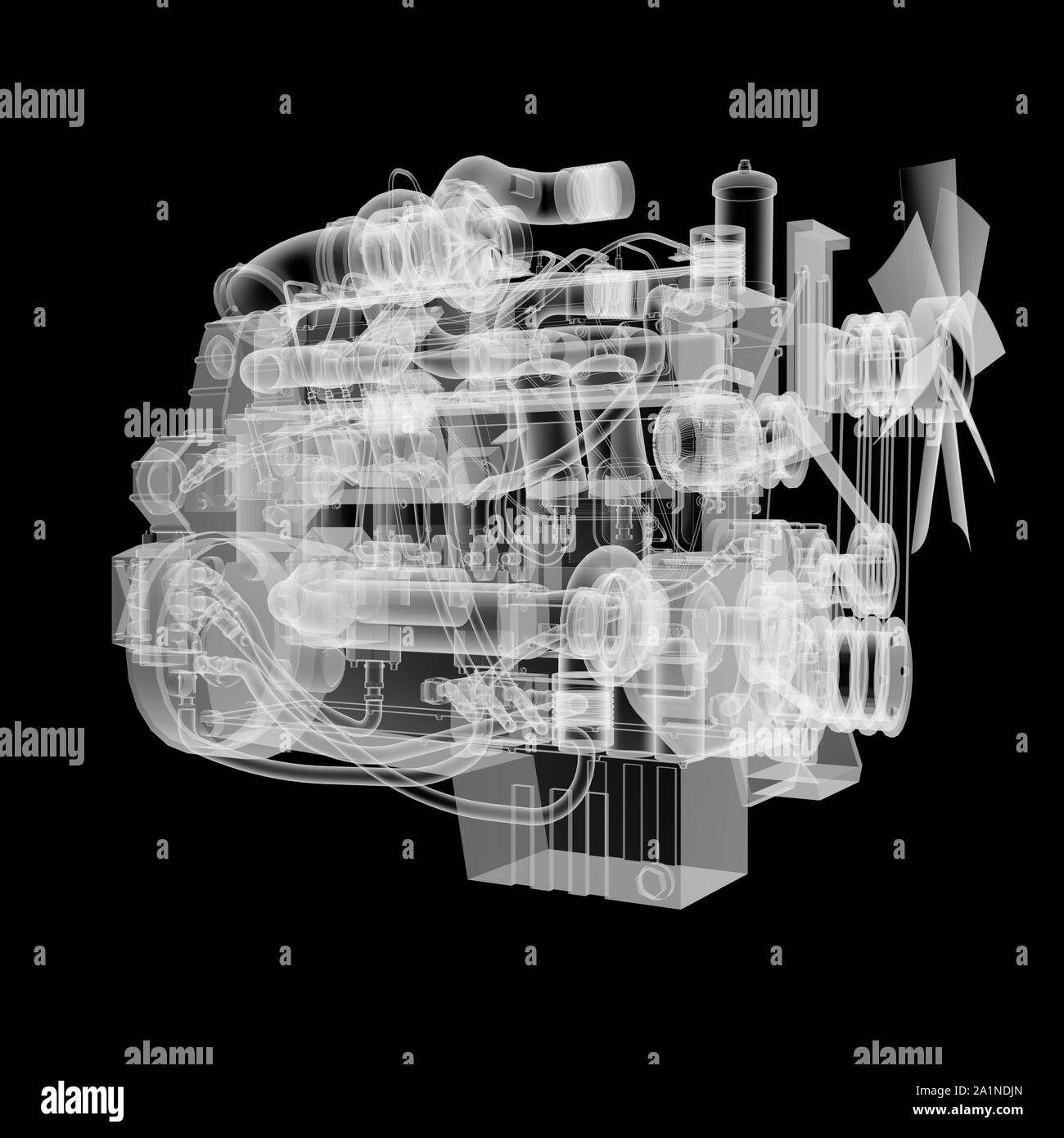 Internal combustion engine X-Ray style. Isolated on black background ...