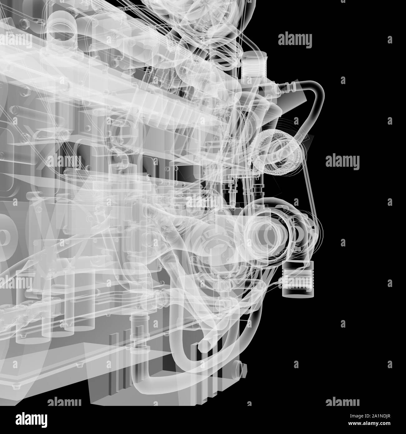 Internal combustion engine X-Ray style. Isolated on black background ...