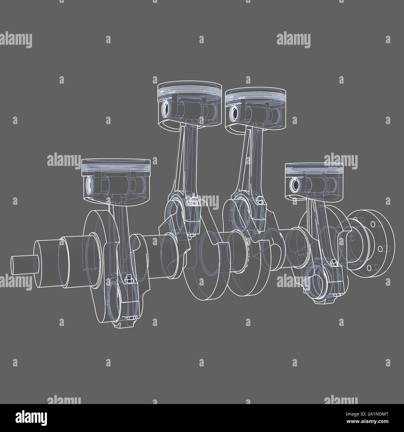 Engine pistons outline. 3D illustration. White lines and grey ...