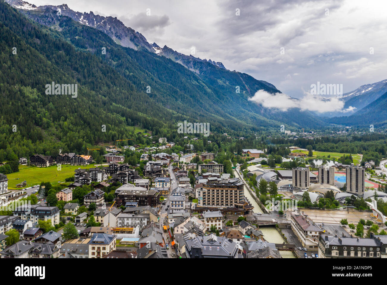 Beautiful aerial view of downtown Chamonix valley and Alps mountains ...