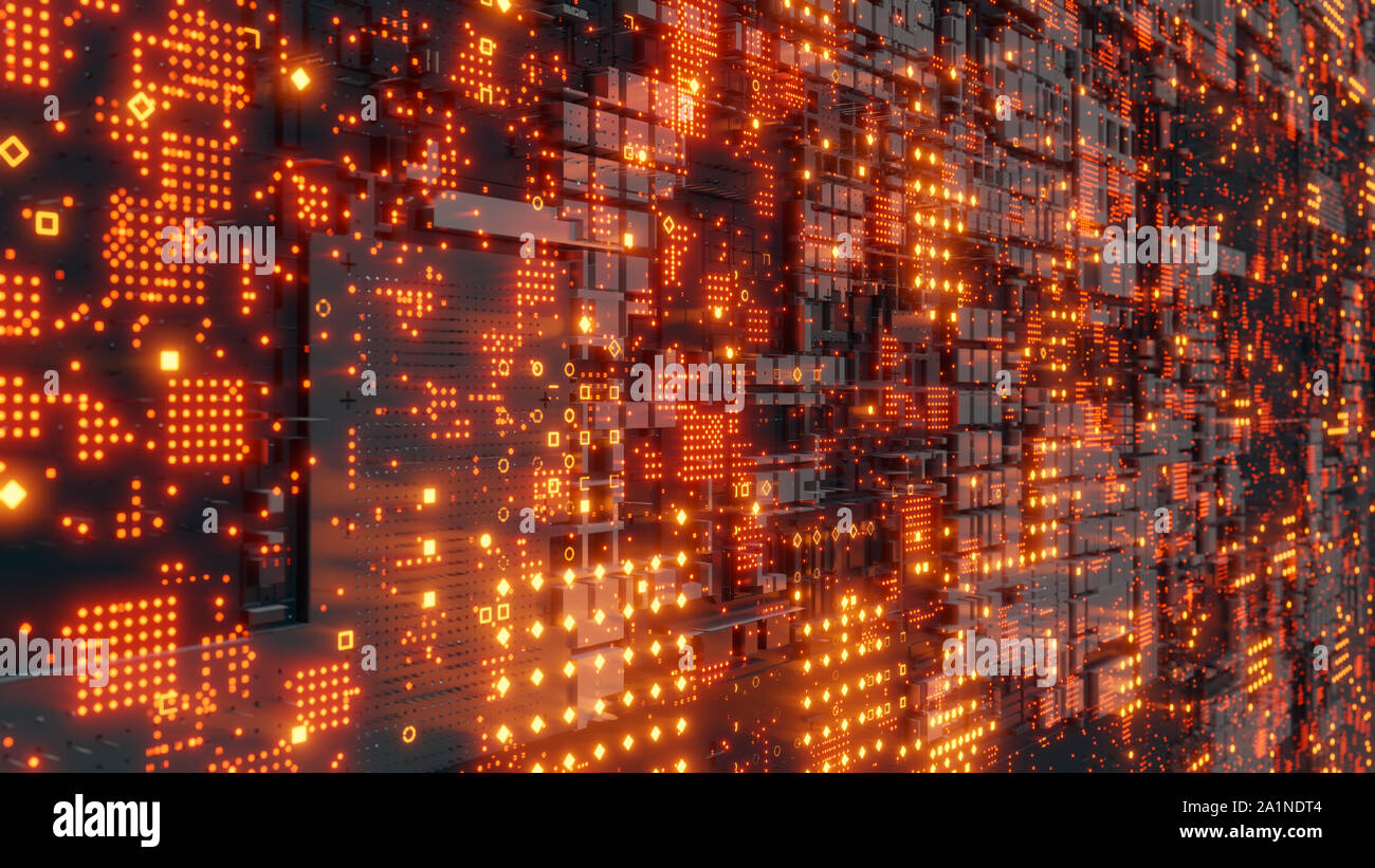 Abstract futuristic design. Tech wall with red bright elements. DOF ...