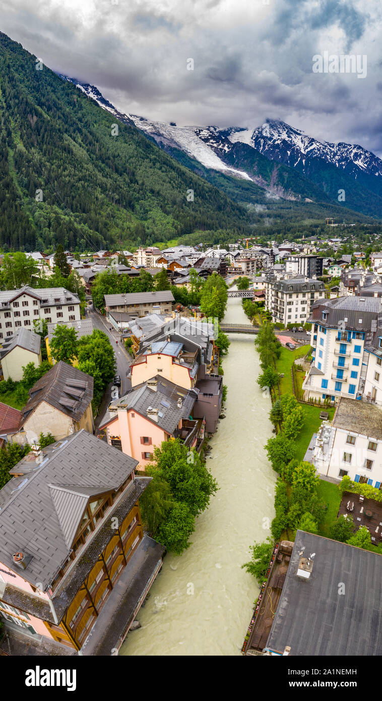 Vertical photo of villages along Arve river in Chamonix Stock Photo - Alamy