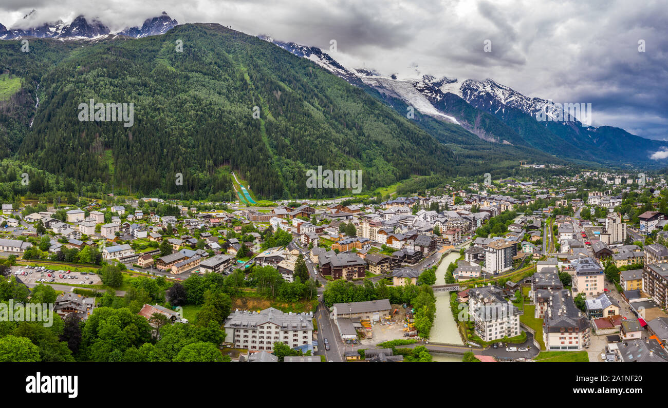 Aerial panorama view of Chamonix valley and alpine mountains Stock ...
