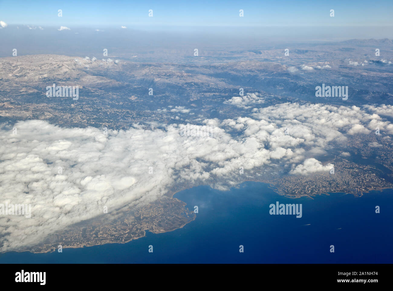 Aerial View of Lebanon, mountains, clouds and the mediterranean sea ...