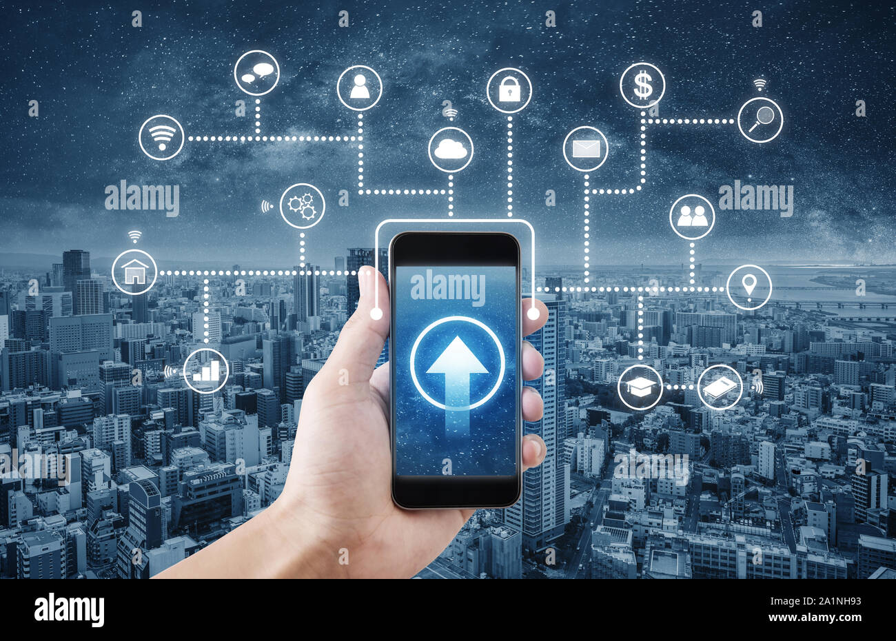 Hand holding mobile smartphone connect to internet data and online ...