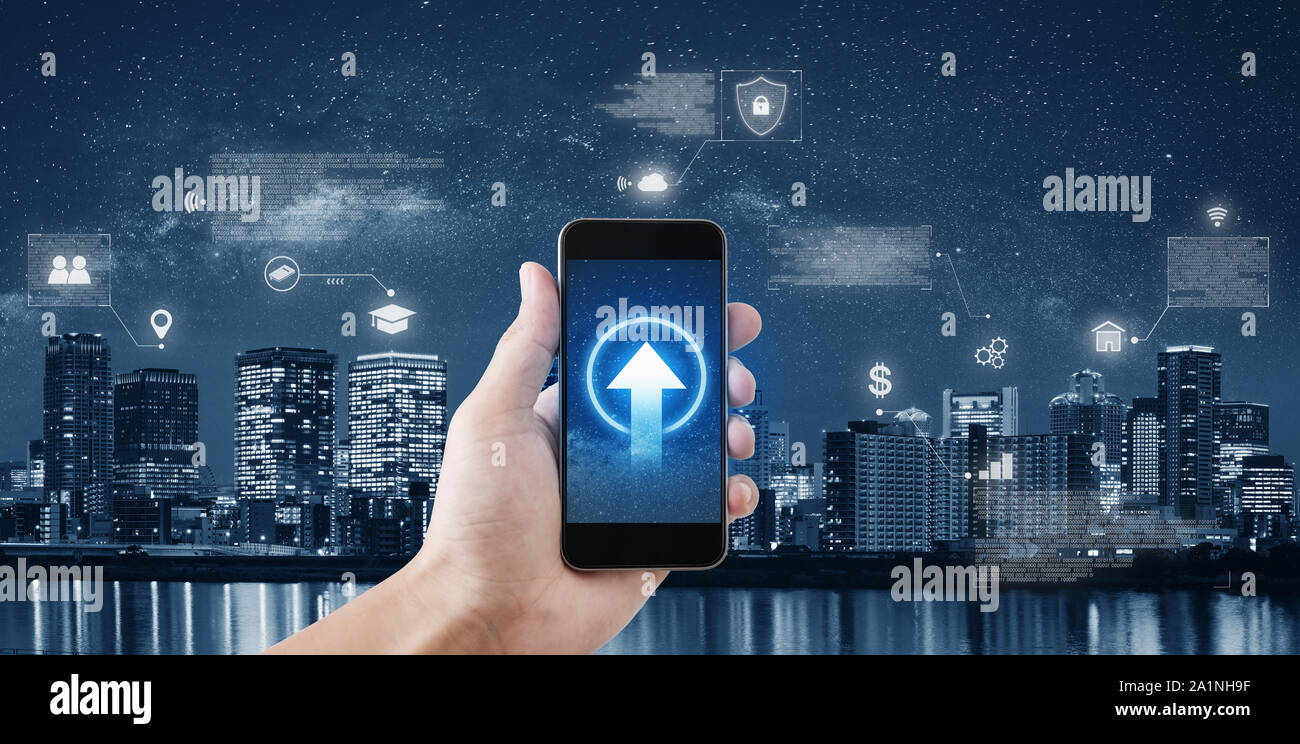 Hand holding mobile smartphone connect to internet data and online ...