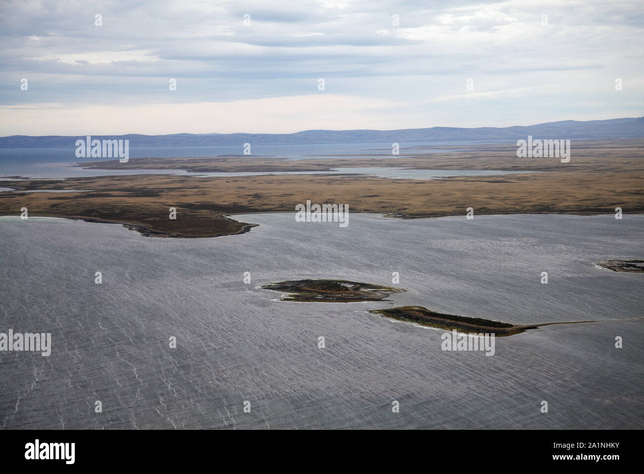 Aerial view during flight from Sea Lion Island to Pebble Island ...