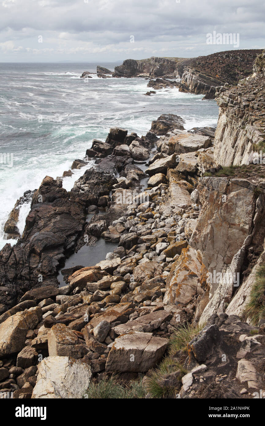 Coastal cliffs at Cape Tamar Pebble Island Falkland Islands Stock Photo ...
