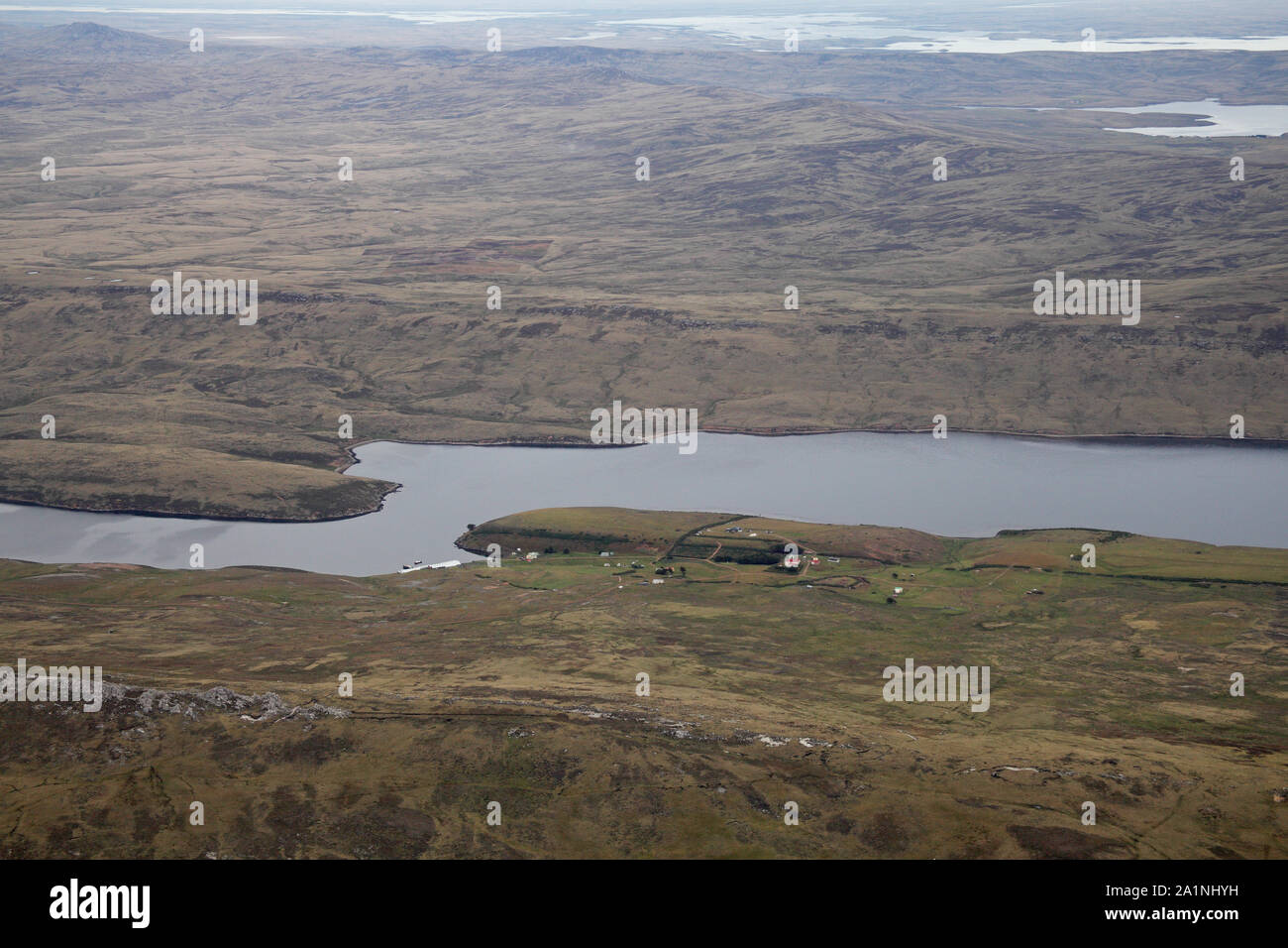 Aerial view of Port San Carlos and Falkland Sound East Falkland ...
