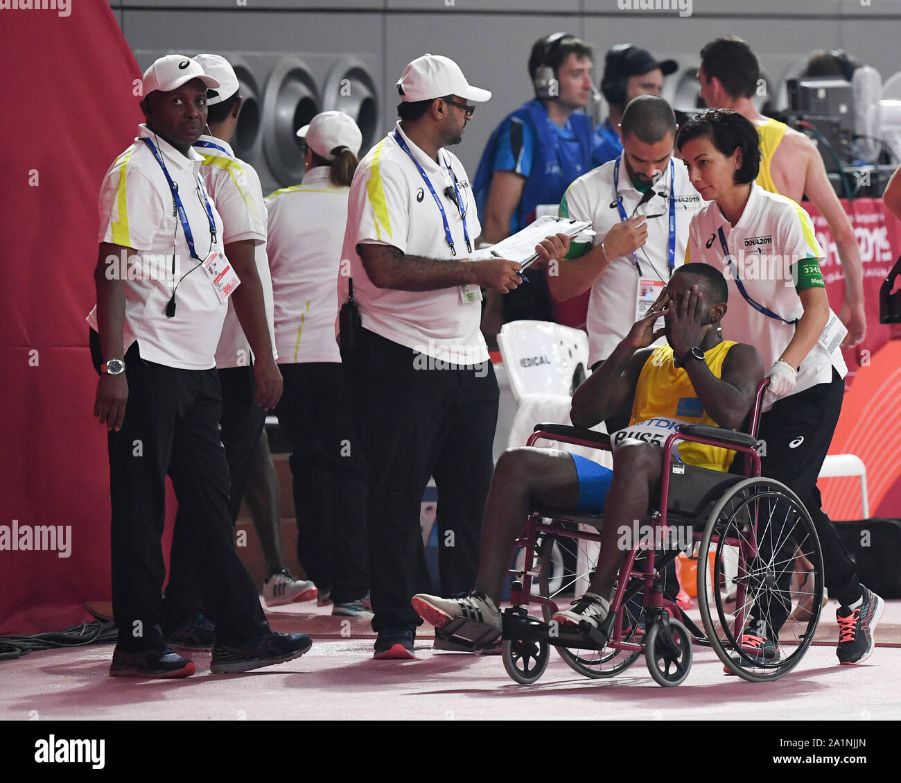 Doha, Qatar. 27th Sep, 2019. Jonathan Busby (2nd R) of Aruba leaves the ...