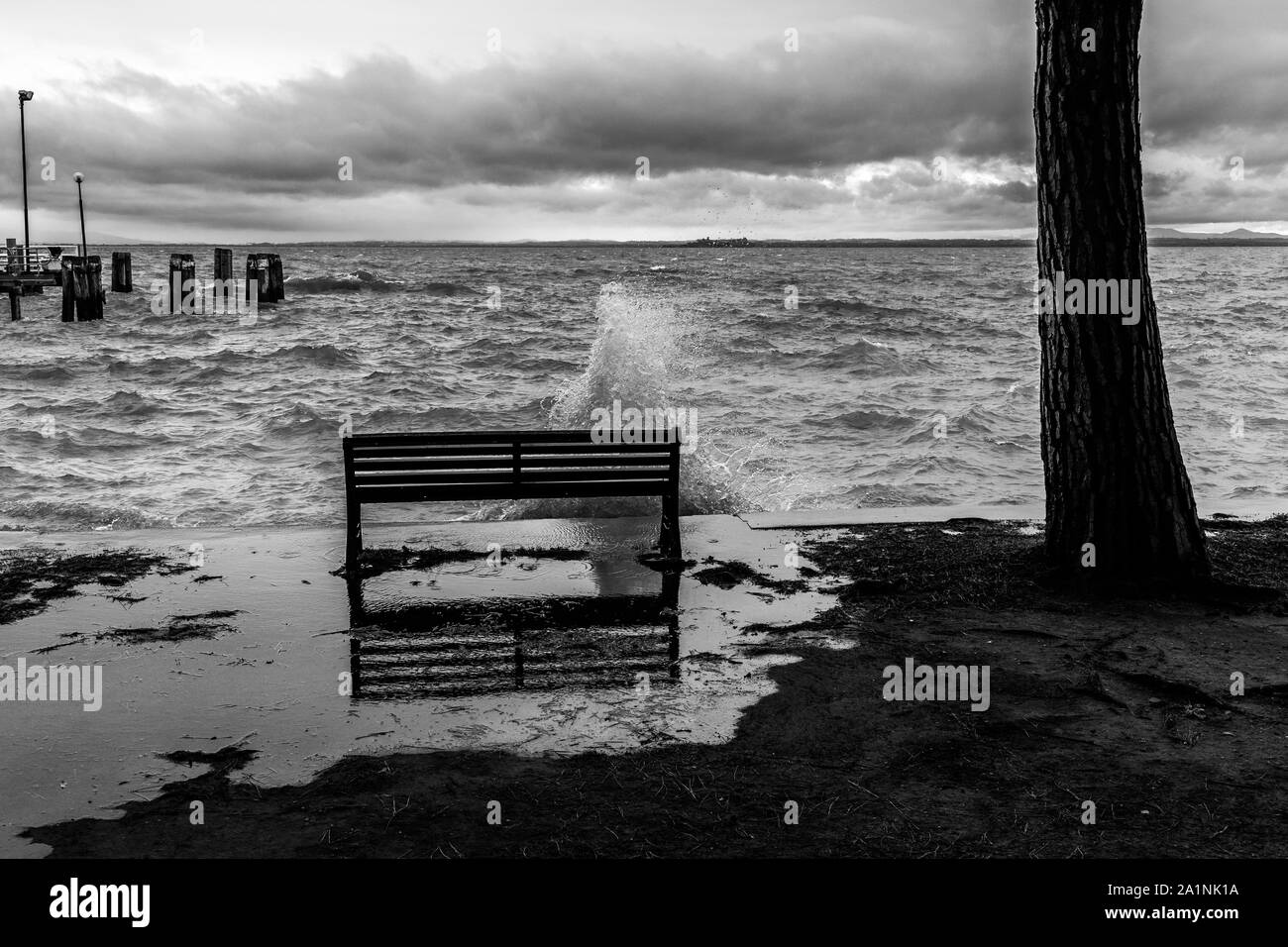 Stone bench near lake Black and White Stock Photos & Images - Alamy