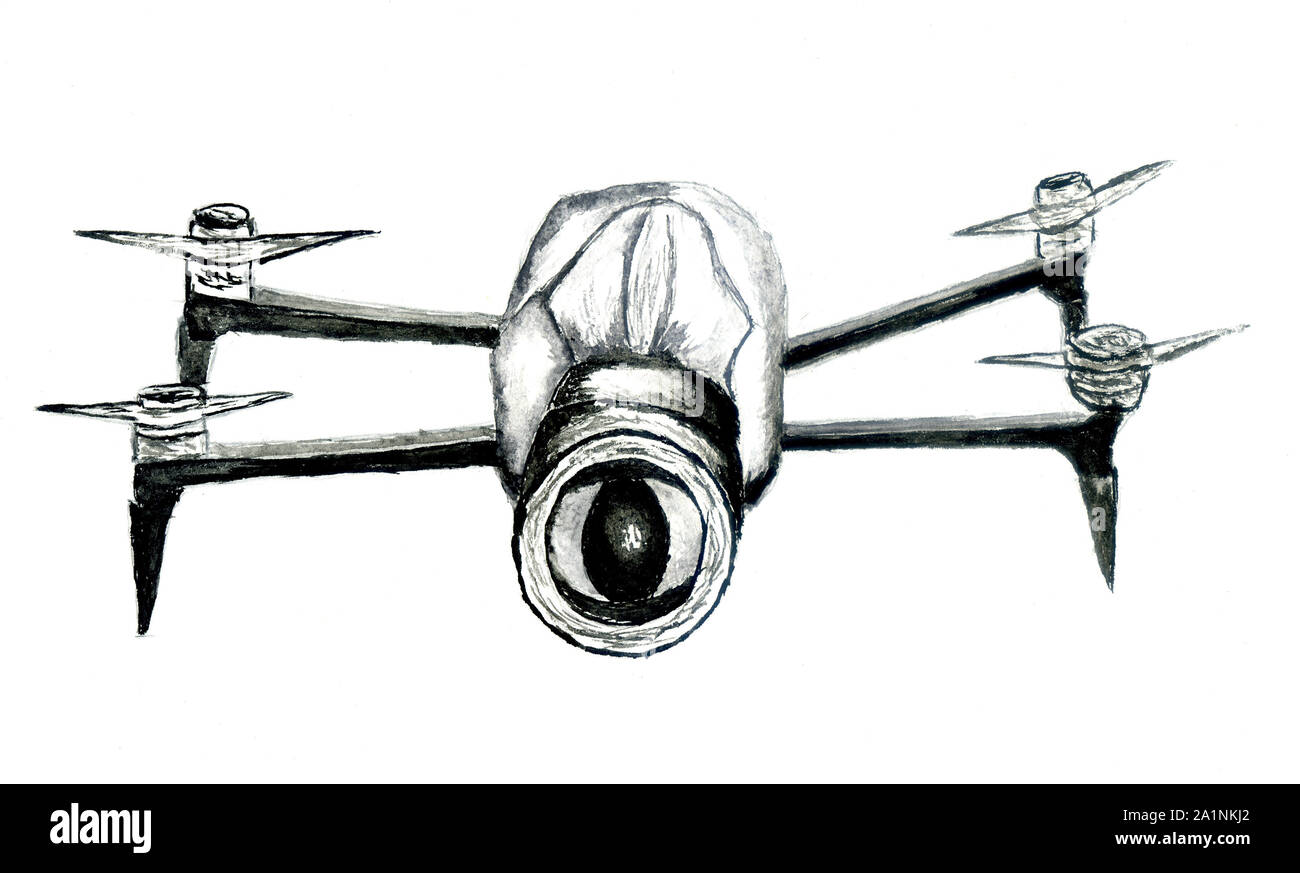 Abstract futuristic drone with camera design, watercolor illustration ...