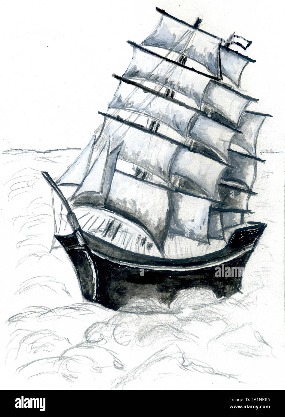 Old sail ship, frigate in the sea detailed sketch Stock Photo - Alamy