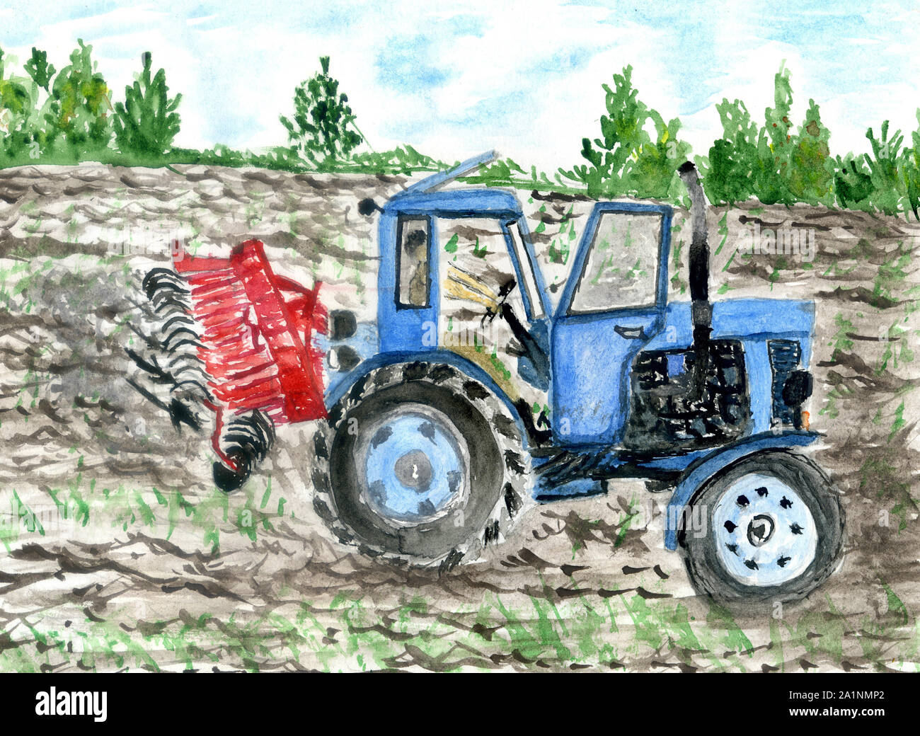 Watercolor farming tractor machine design, hand drawn illustration ...