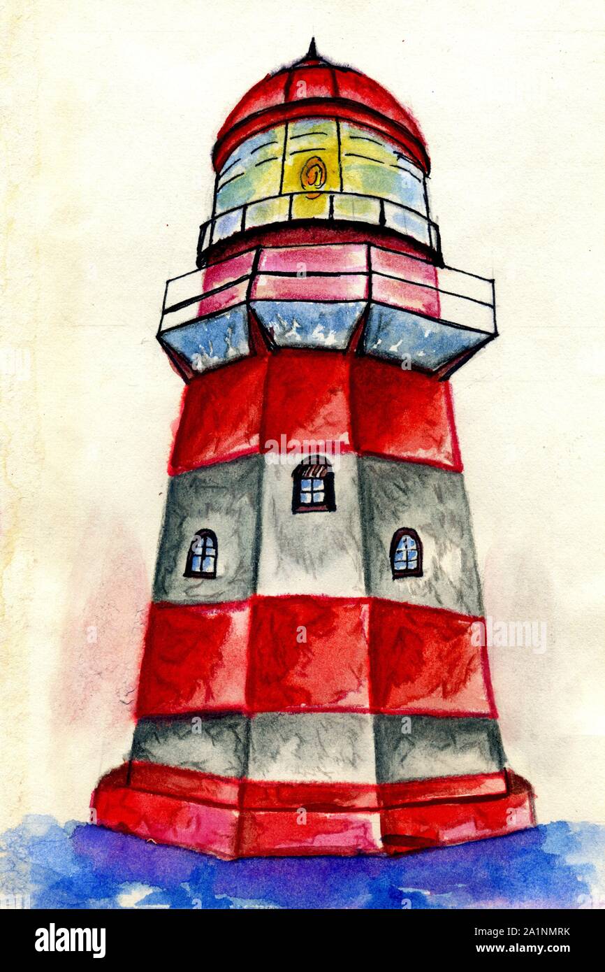 Grunge old lighthouse in gray and red colors, watercolor painting Stock ...