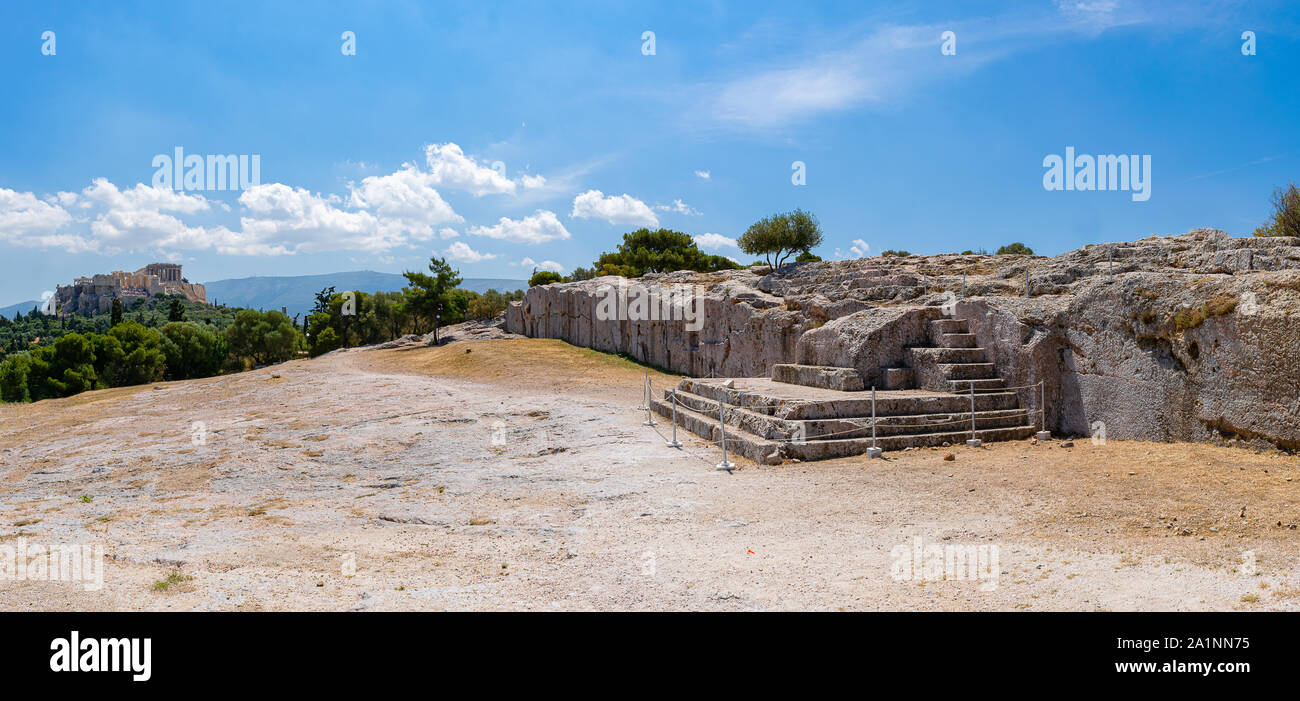 The Pnyx steps, where democracy was born. Panorama with Acropolis hill ...