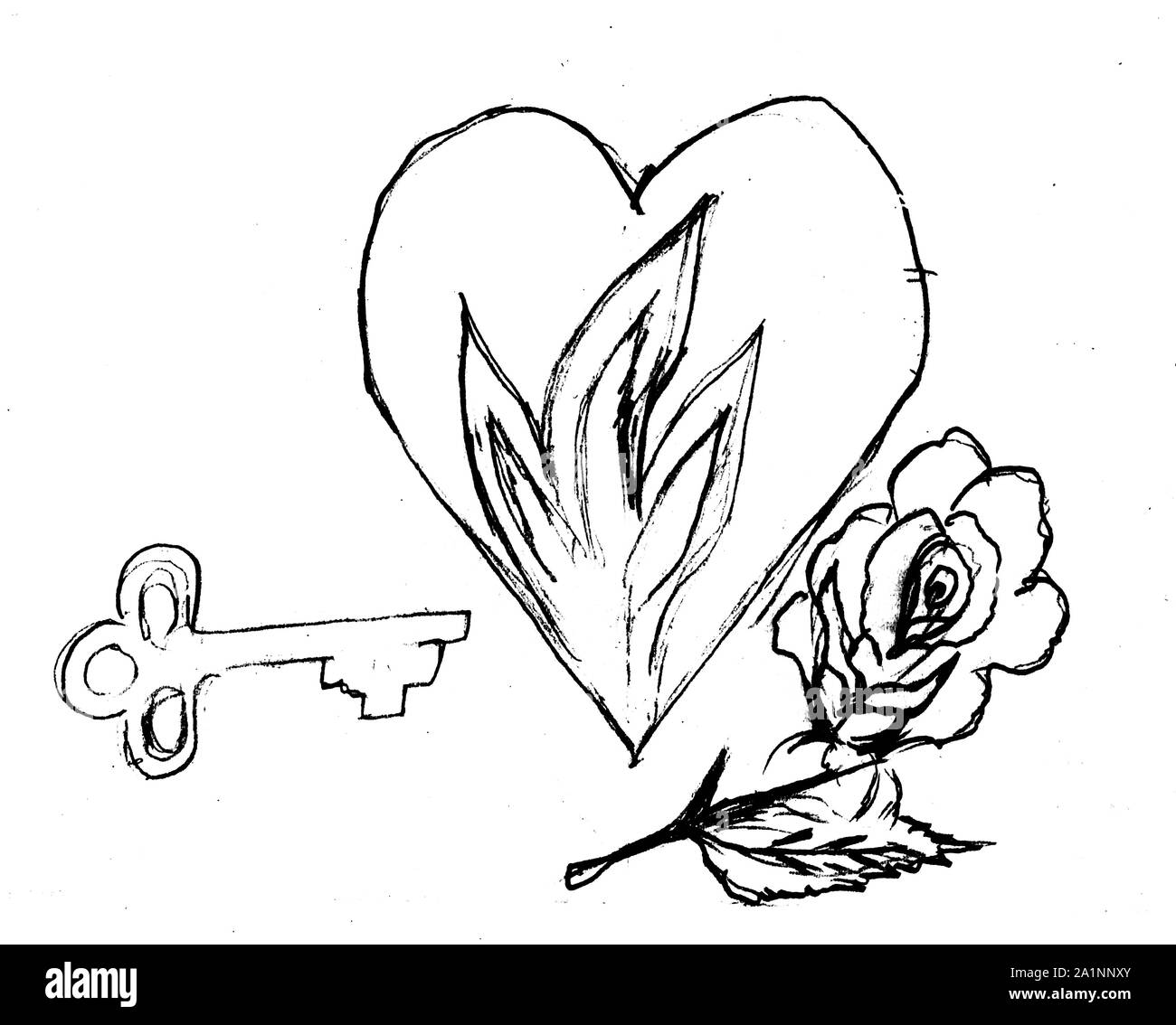 Hand drawn illustration of key, heart and rose on white Stock Photo - Alamy