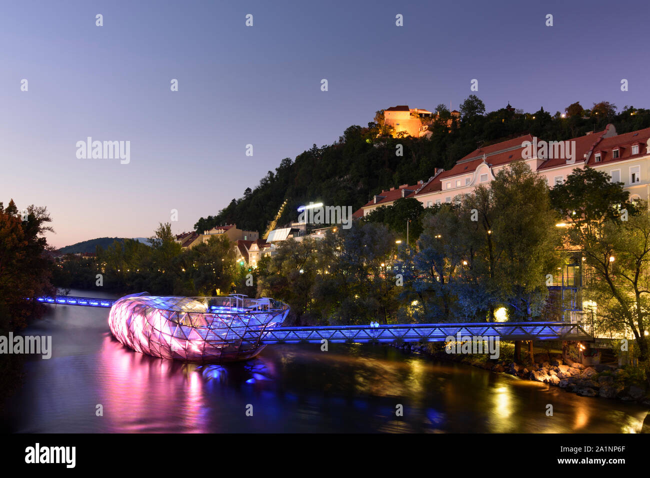 Graz: river Mur, island Murinsel, Clock Tower, in Austria, Steiermark ...