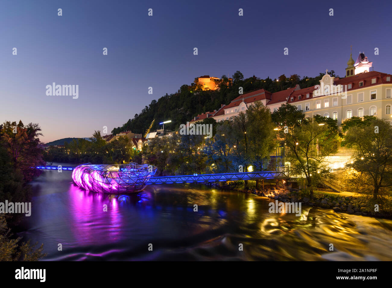 Graz: river Mur, island Murinsel, Clock Tower, in Austria, Steiermark ...