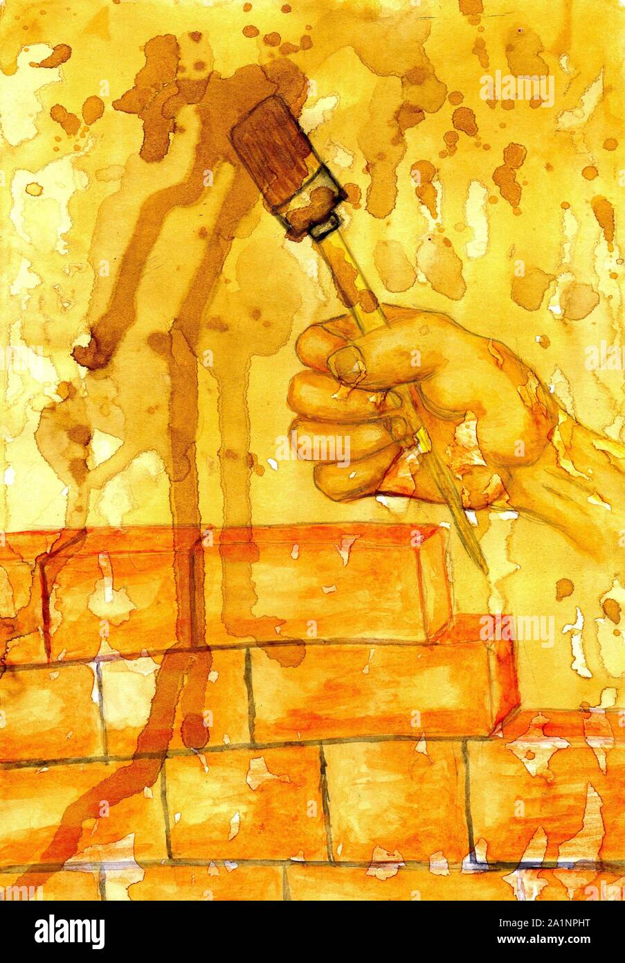 Watercolor painting of a human hand holding paint brush illustration ...