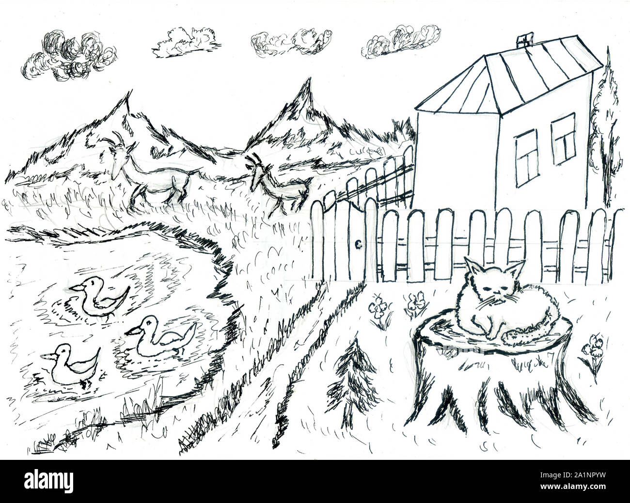 Simple black and white sketch of countryside landscape Stock Photo - Alamy