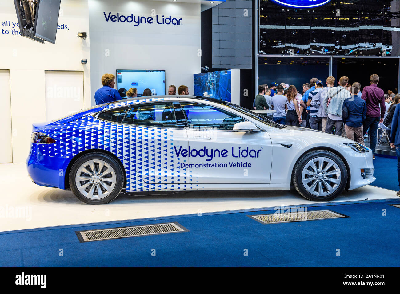 FRANKFURT, GERMANY - SEPT 2019: white blue TESLA S Velodyne Lidar ...