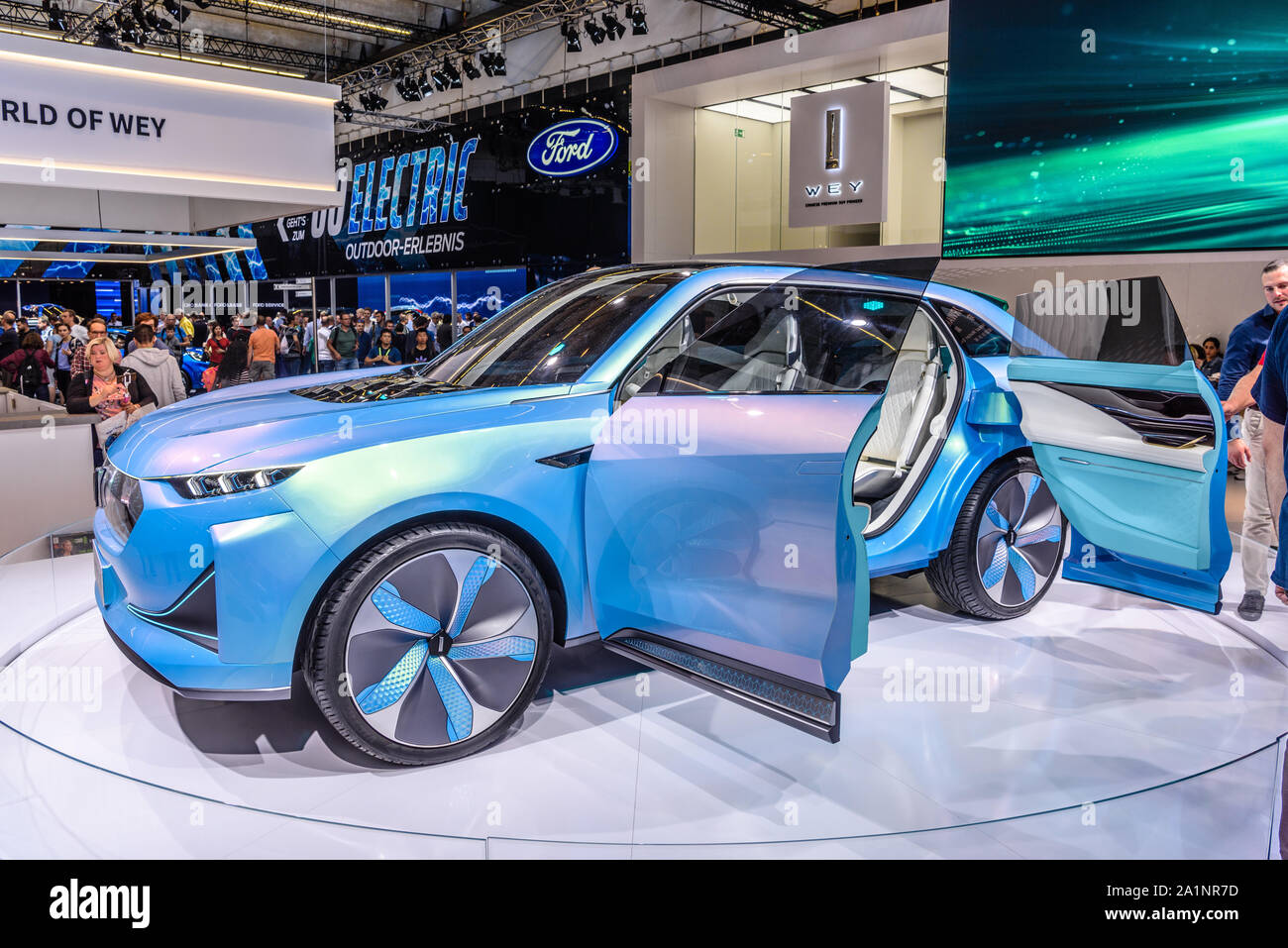 FRANKFURT, GERMANY - SEPT 2019: sky blue Great Wall Motors WEY-X Concept electric SUV Car, IAA ...