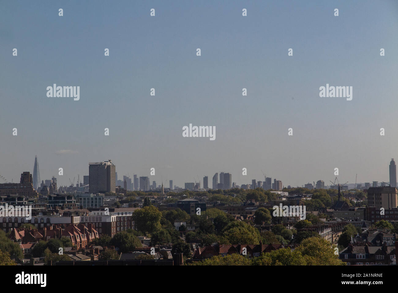A long distance view of the skyline of the high rise buildings of ...