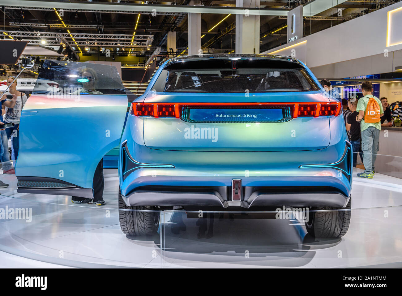 FRANKFURT, GERMANY - SEPT 2019: sky blue Great Wall Motors WEY-X Concept electric SUV Car, IAA ...