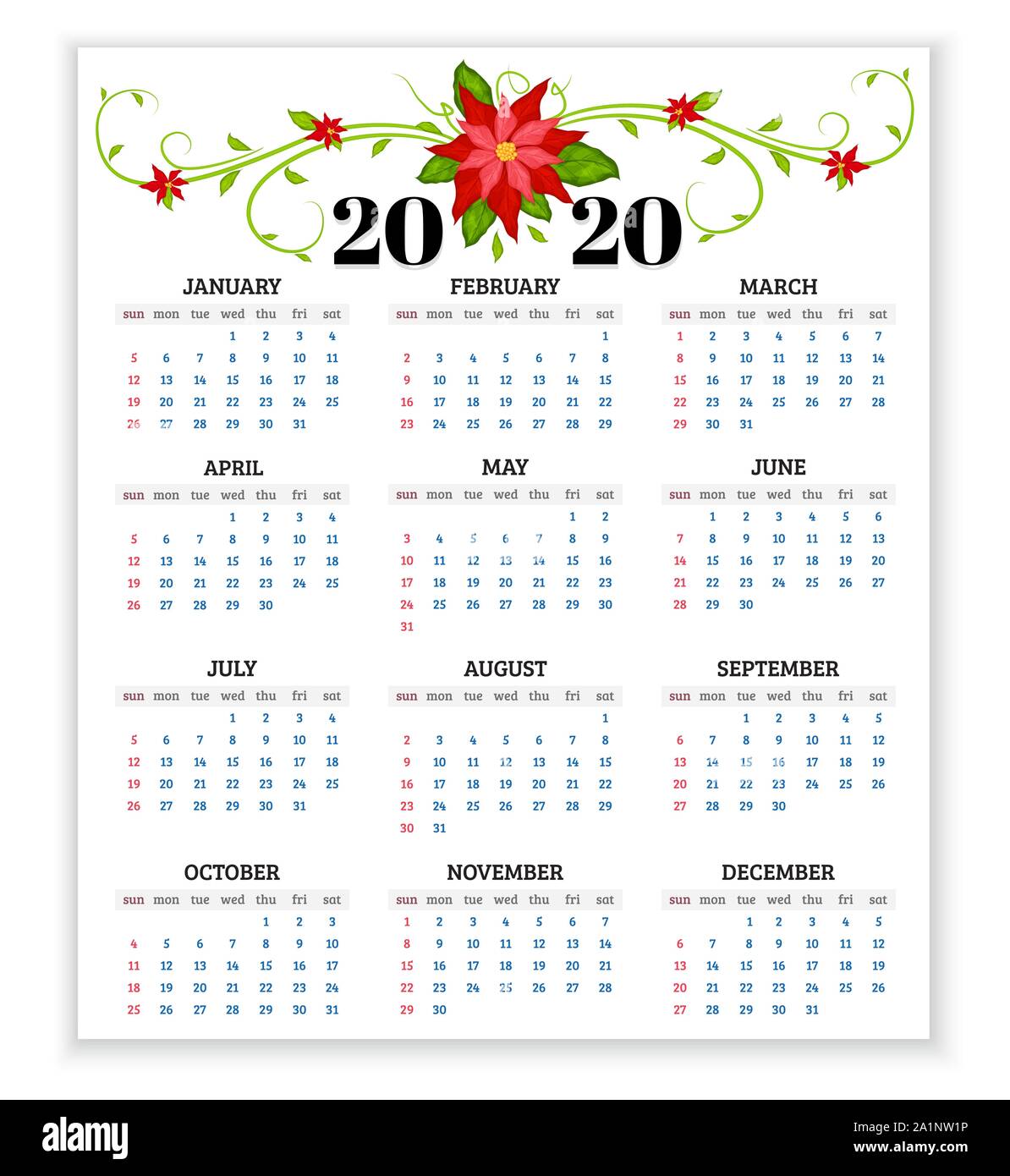 Vector calendar 2020 year with flowers of poinsettia. Week starts from ...