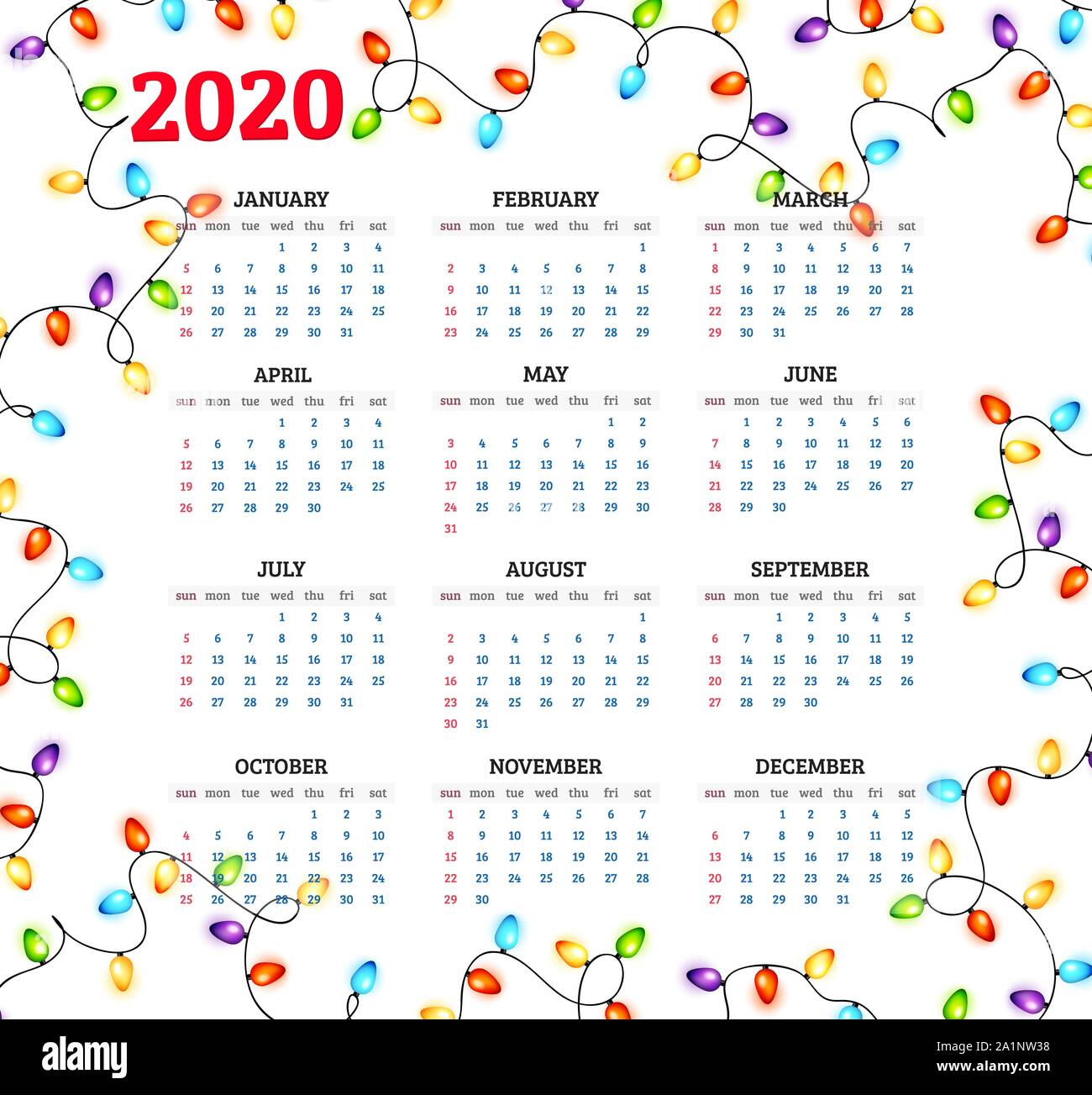 Calendar for 2020 with colorful garlands background. Vector ...