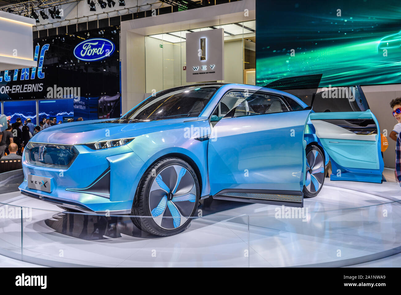 FRANKFURT, GERMANY - SEPT 2019: sky blue Great Wall Motors WEY-X Concept electric SUV Car, IAA ...