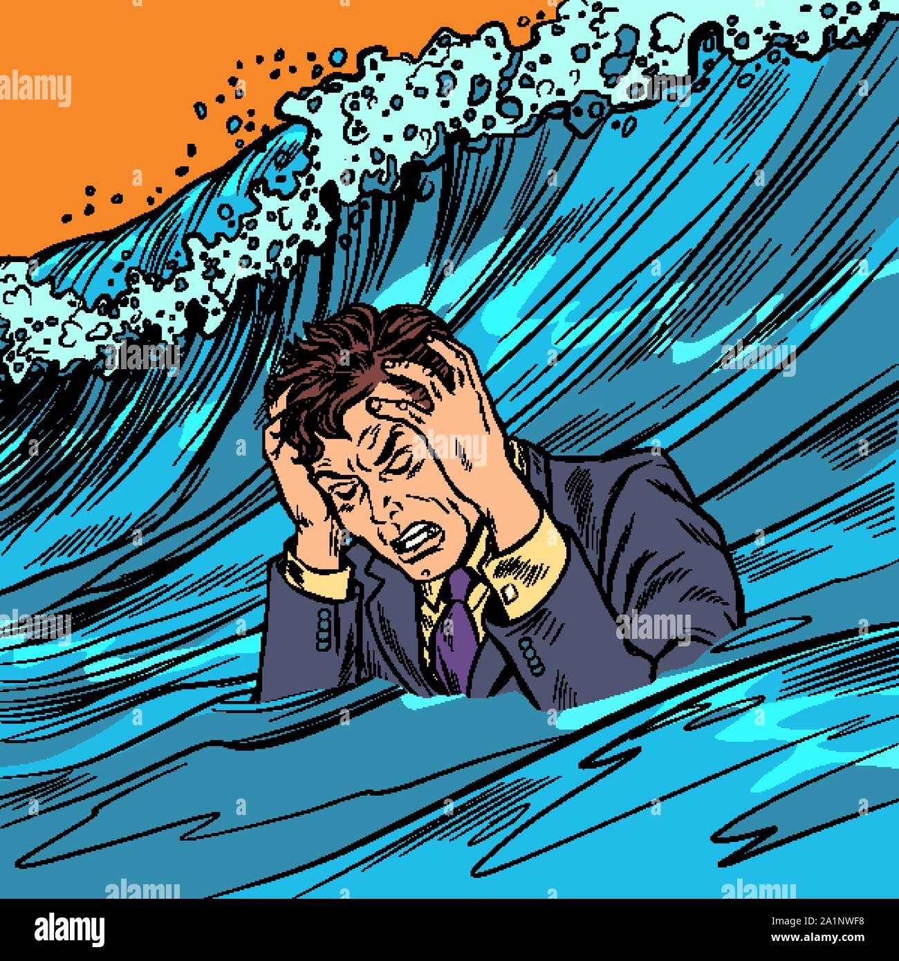 The man panics. Big wave stress. Pop art retro vector illustration ...