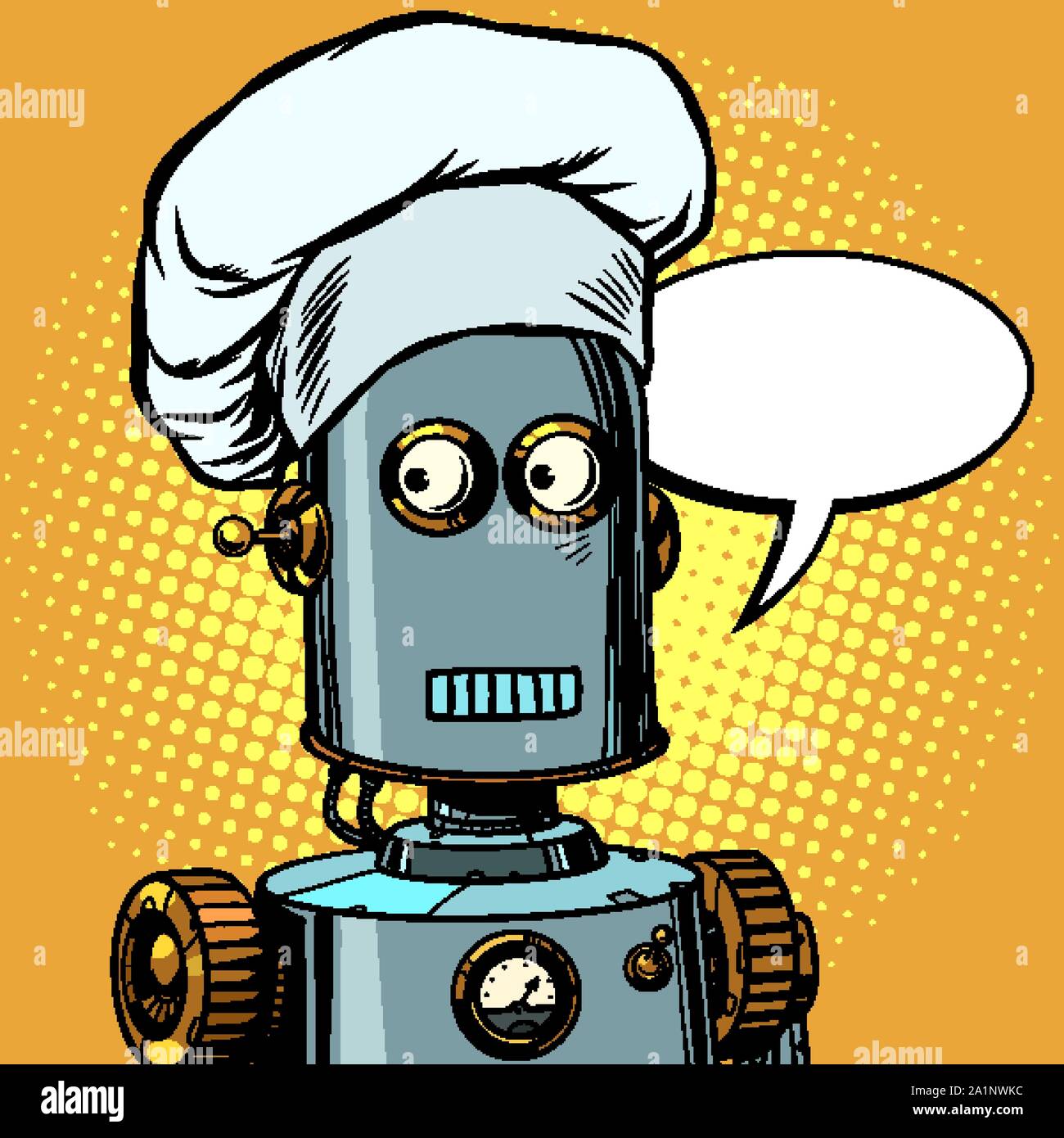Robot cook food, takes orders at the restaurant. Pop art retro vector ...