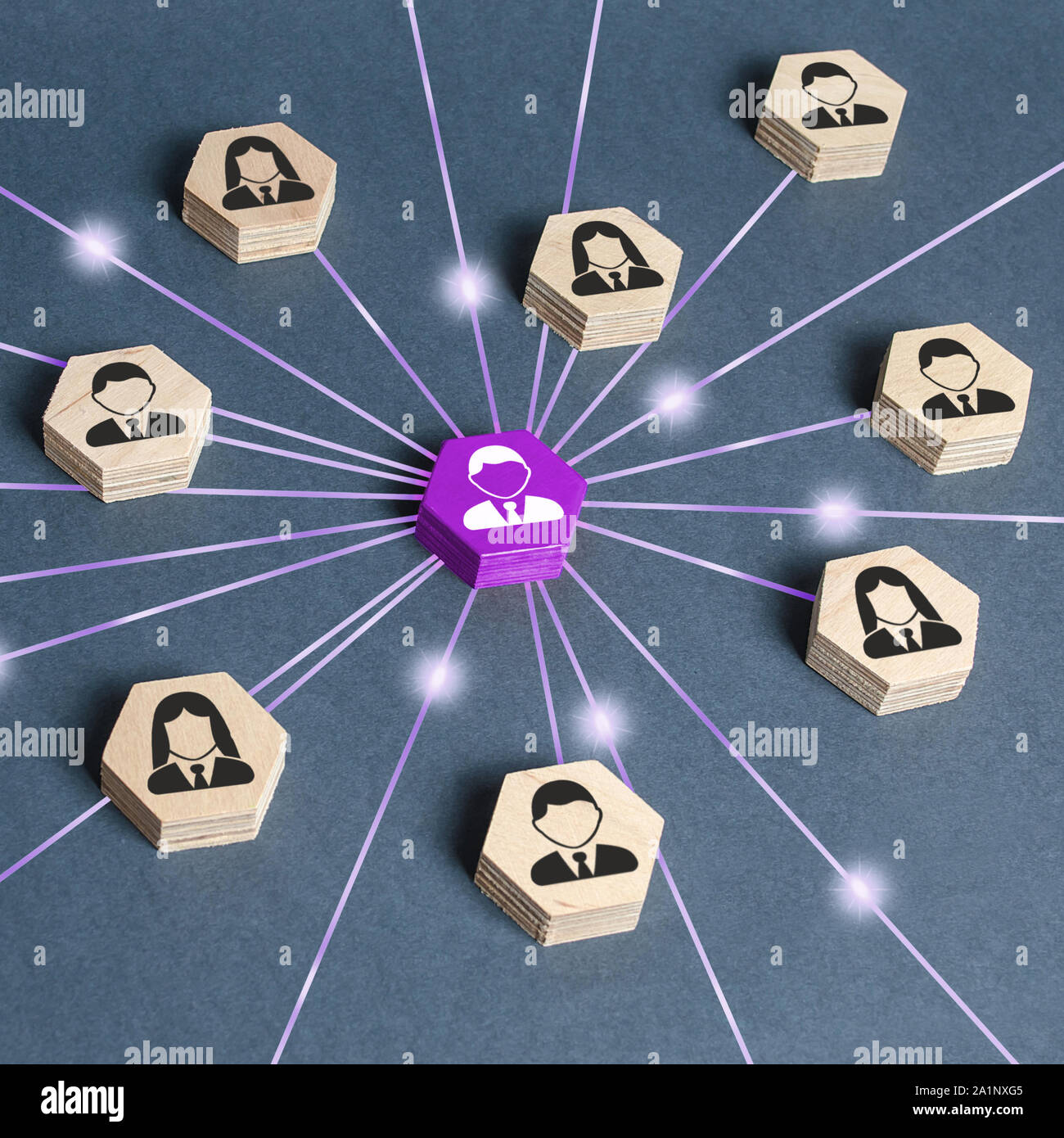 The leader is connected with employees by a wide network of lines. At ...