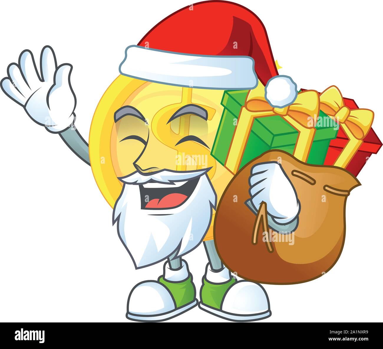 Santa with gift gold coin cartoon character mascot style Stock Vector ...