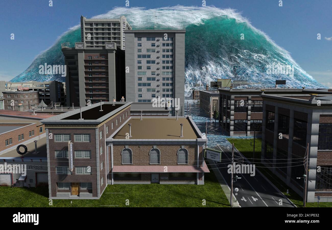 3D illustration tsunami wave apocalyptic water view urban flood Storm ...