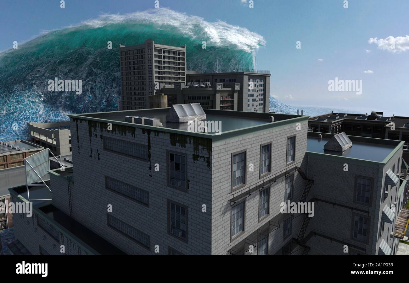 3D illustration tsunami wave apocalyptic water view urban flood Storm ...
