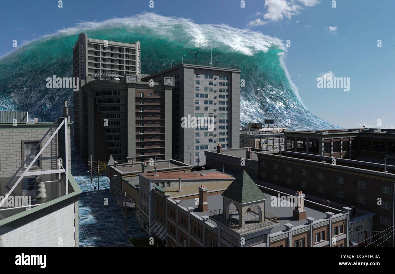 3D illustration tsunami wave apocalyptic water view urban flood Storm ...