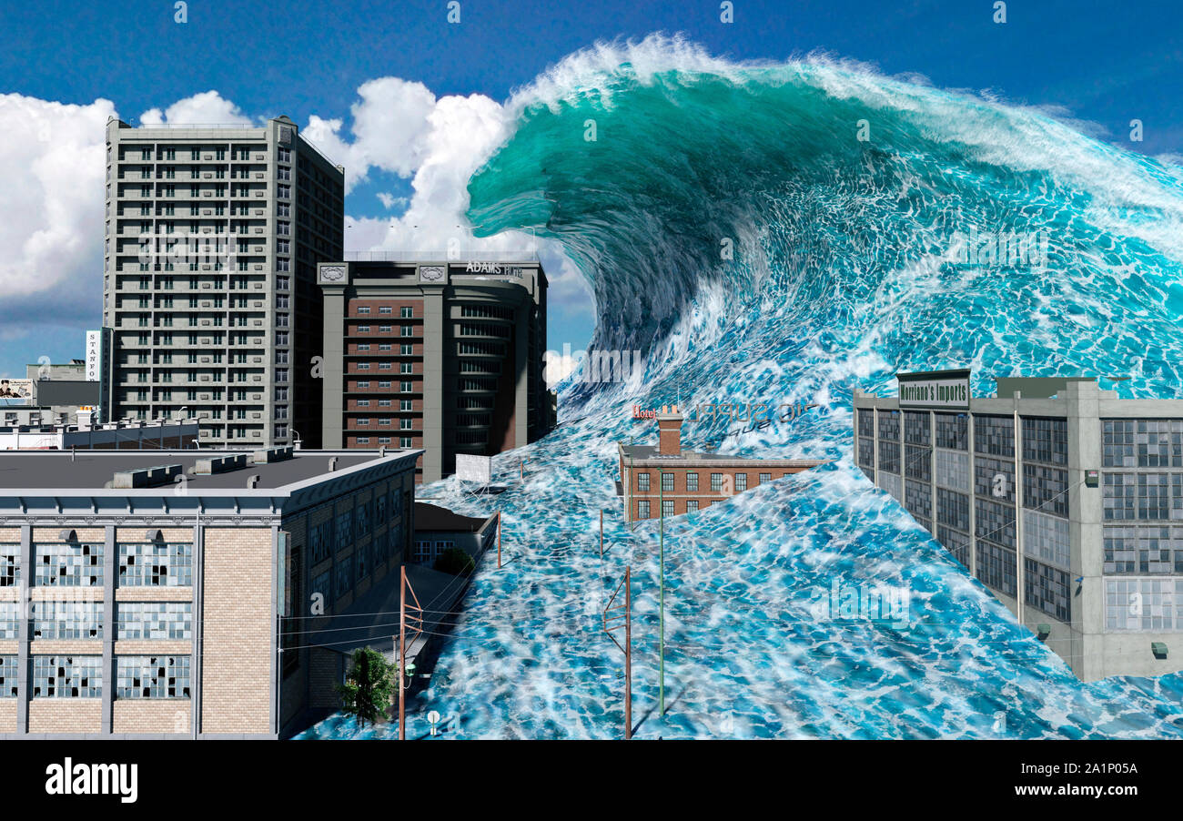 3D illustration tsunami wave apocalyptic water view urban flood Storm ...