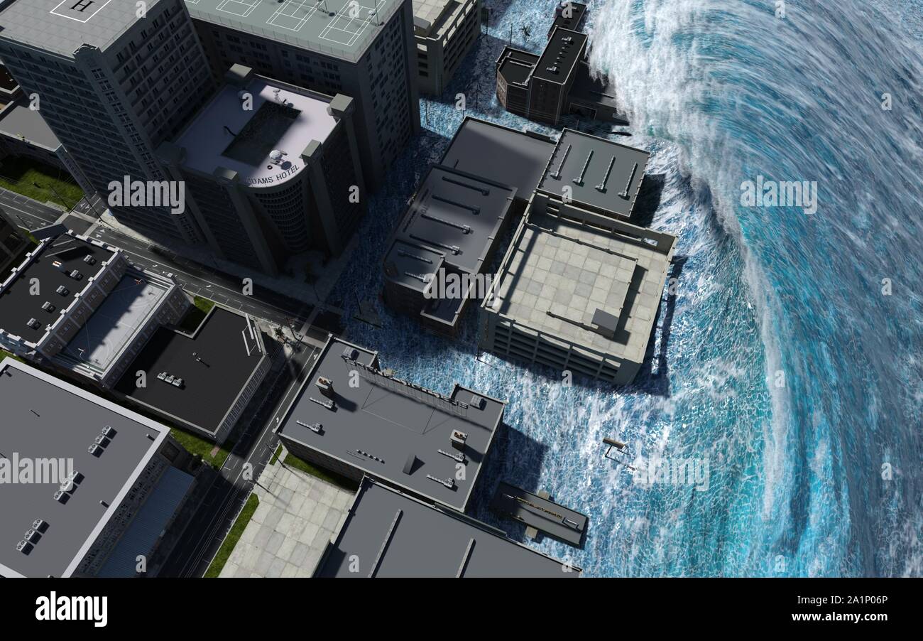 3D illustration tsunami wave apocalyptic water view urban flood Storm ...
