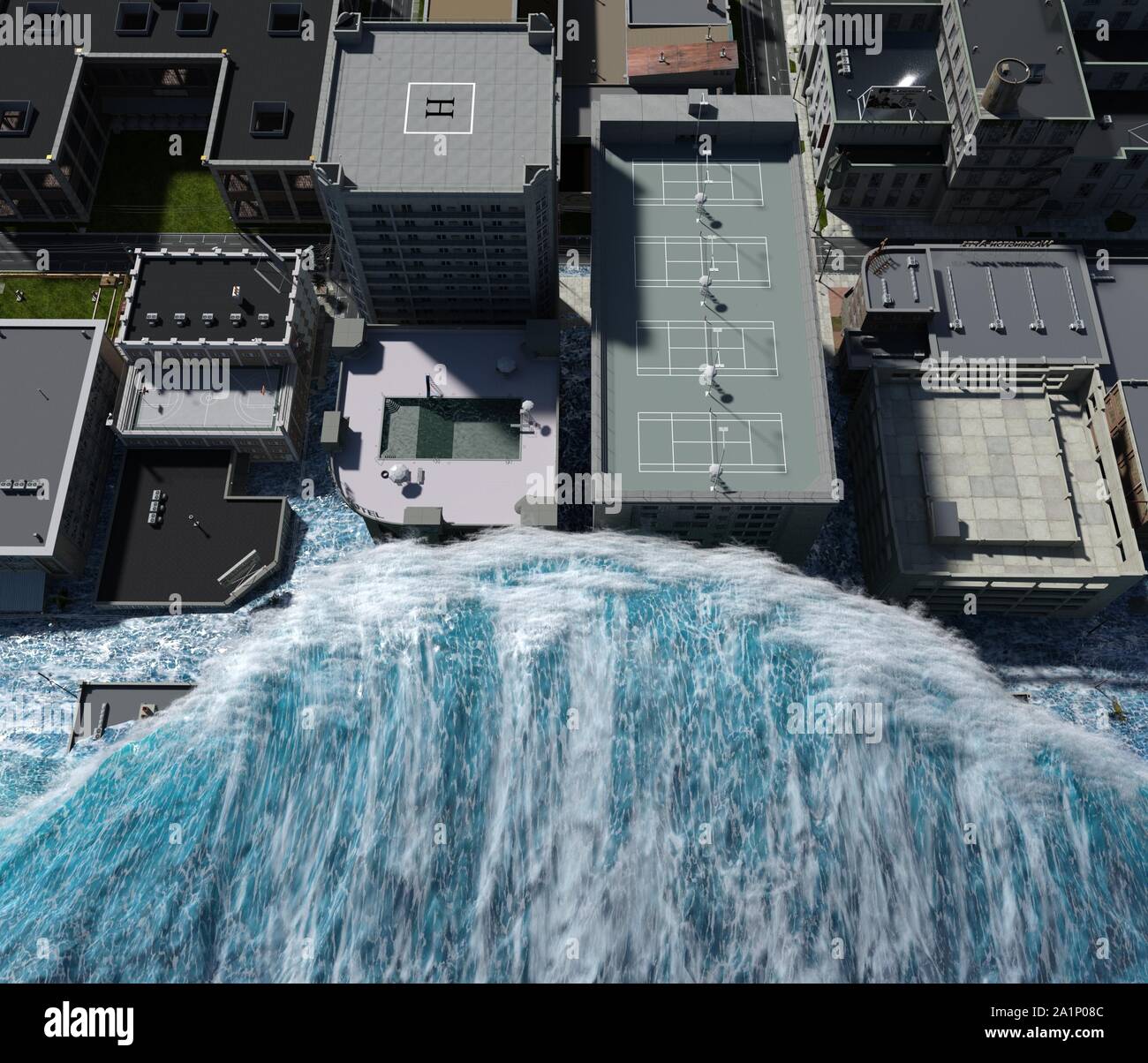 3D illustration tsunami wave apocalyptic water view urban flood Storm ...