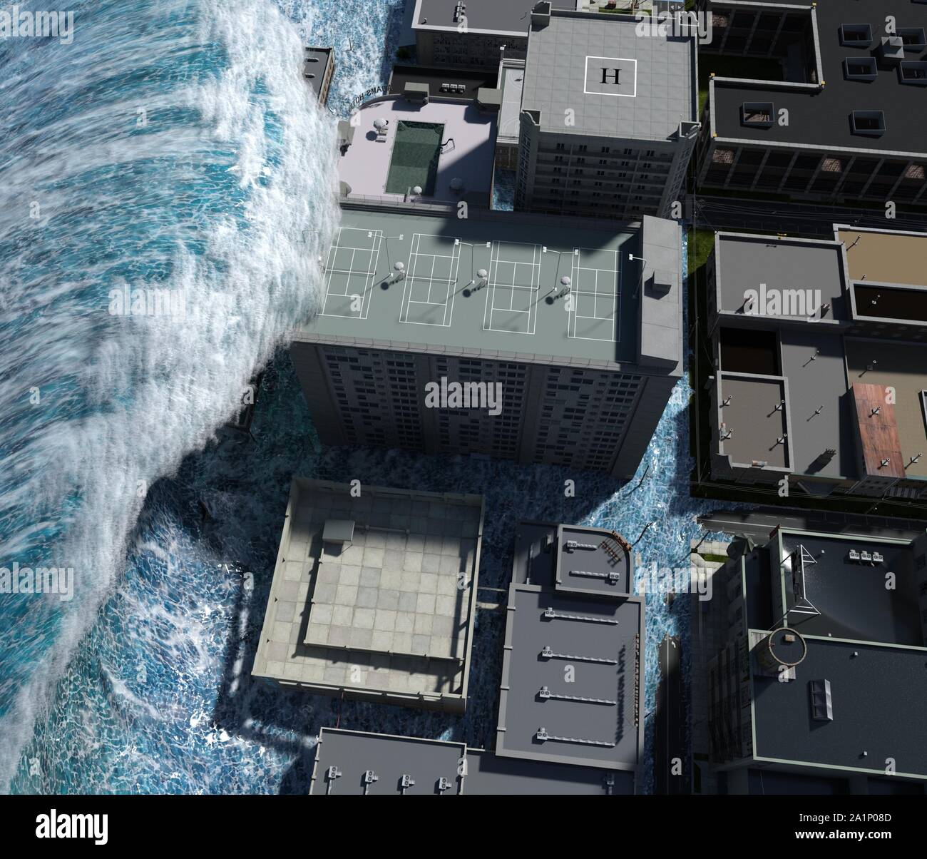3D illustration tsunami wave apocalyptic water view urban flood Storm ...
